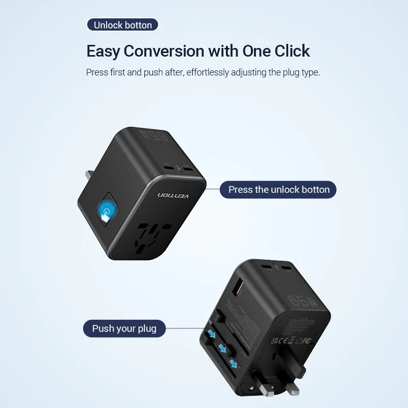 POS Experts: Vention 3-Port USB (C + C + A) GaN Universal Travel Adapter (65W/65W/30W) | Black